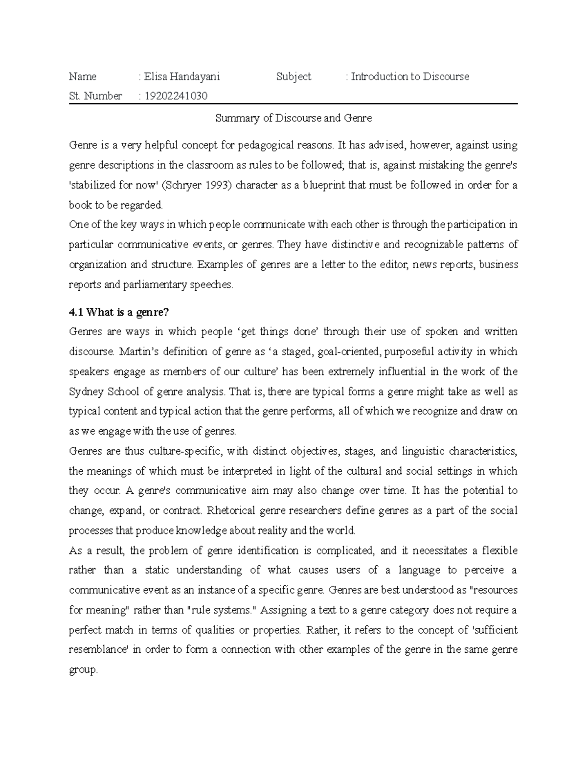 Genre Analysis - Name : Elisa Handayani Subject : Introduction to ...