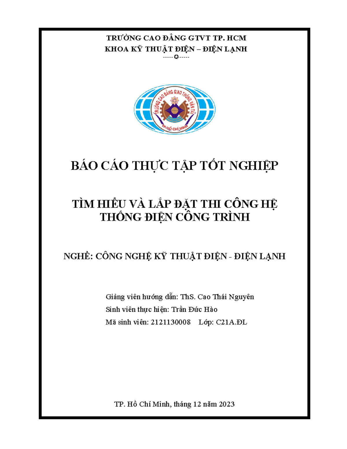 Bài Duchao Gggg Dsa2102 TrƯỜng Cao ĐẲng Gtvt Tp Hcm Khoa KỸ ThuẬt ĐiỆn ĐiỆn LẠnh 