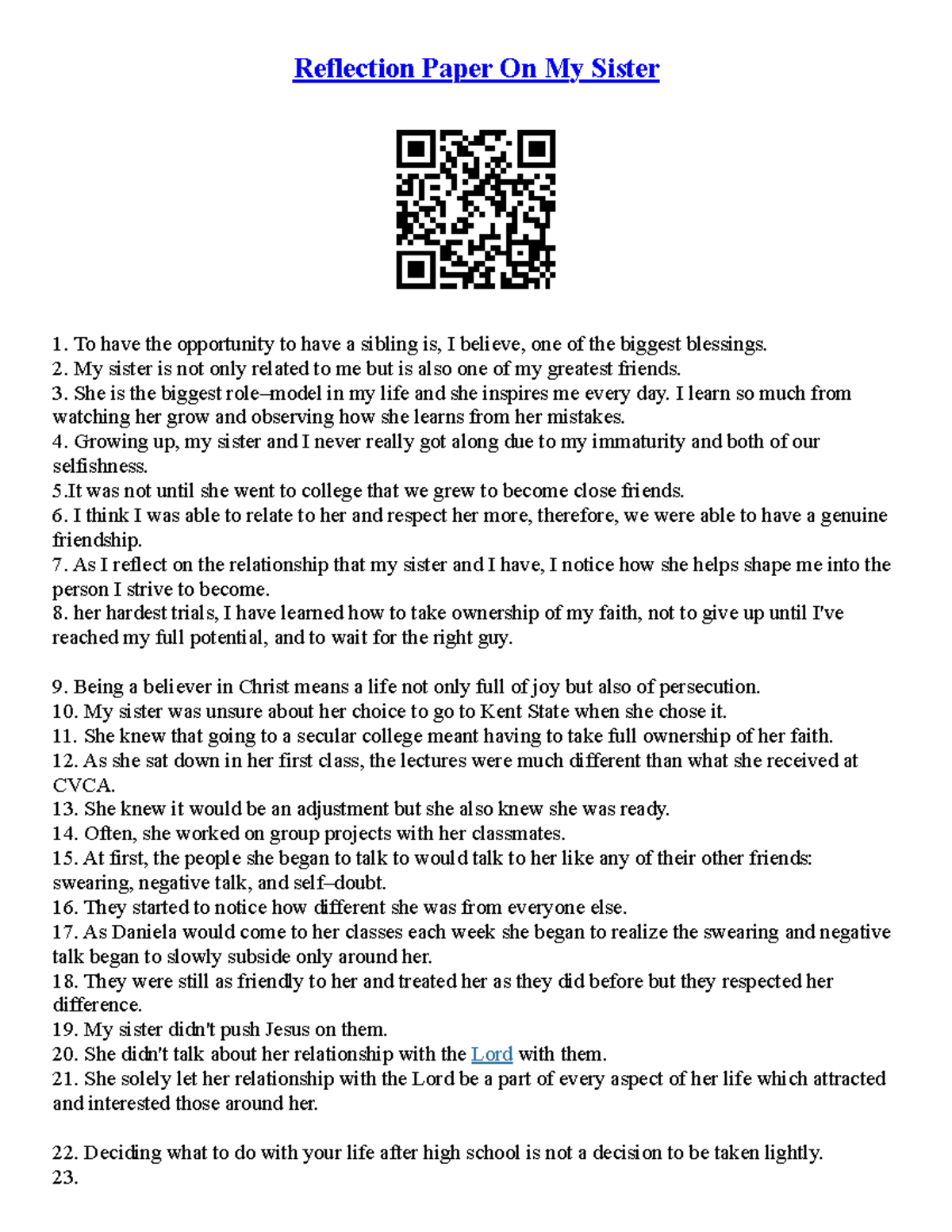 My Sister Essay - Reflection Paper On My Sister To have the opportunity ...