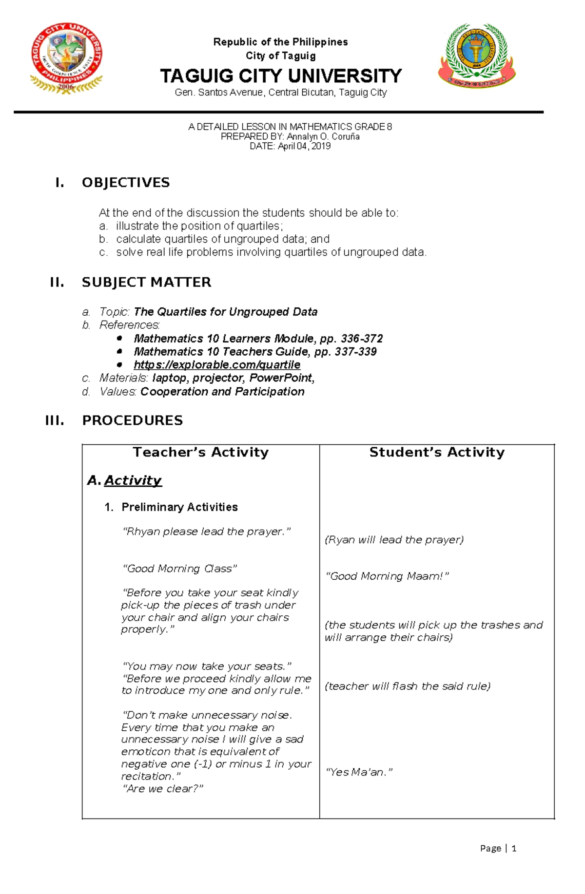 Lesson-plan-1 - none - A DETAILED LESSON IN MATHEMATICS GRADE 8 ...