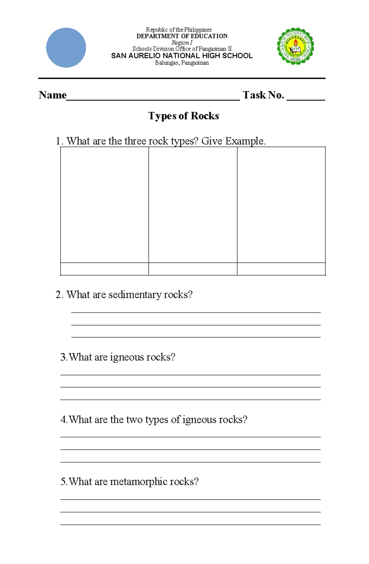 Task type of rocks - Name________________________________ Task No ...