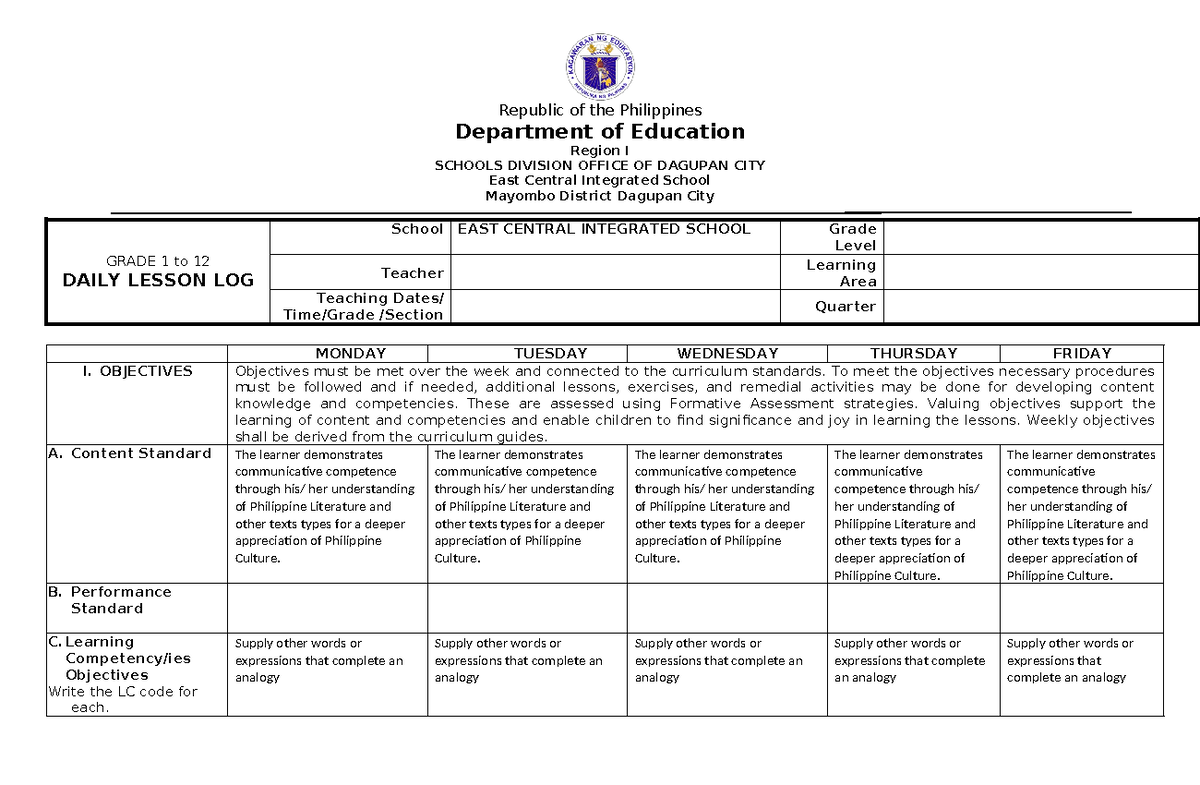 DLL WITH Header AND Footer - Republic of the Philippines Department of ...