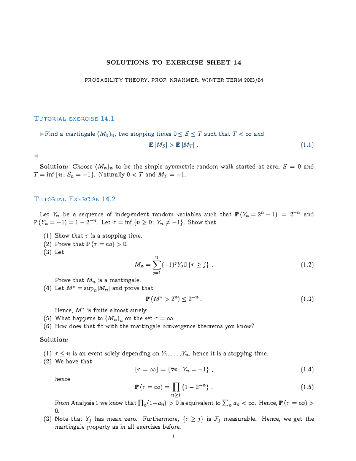 Sheet 14 - SOLUTIONS TO EXERCISE SHEET 14 PROBABILITY THEORY, PROF. KRAHMER, WINTER TERM 2023 ...