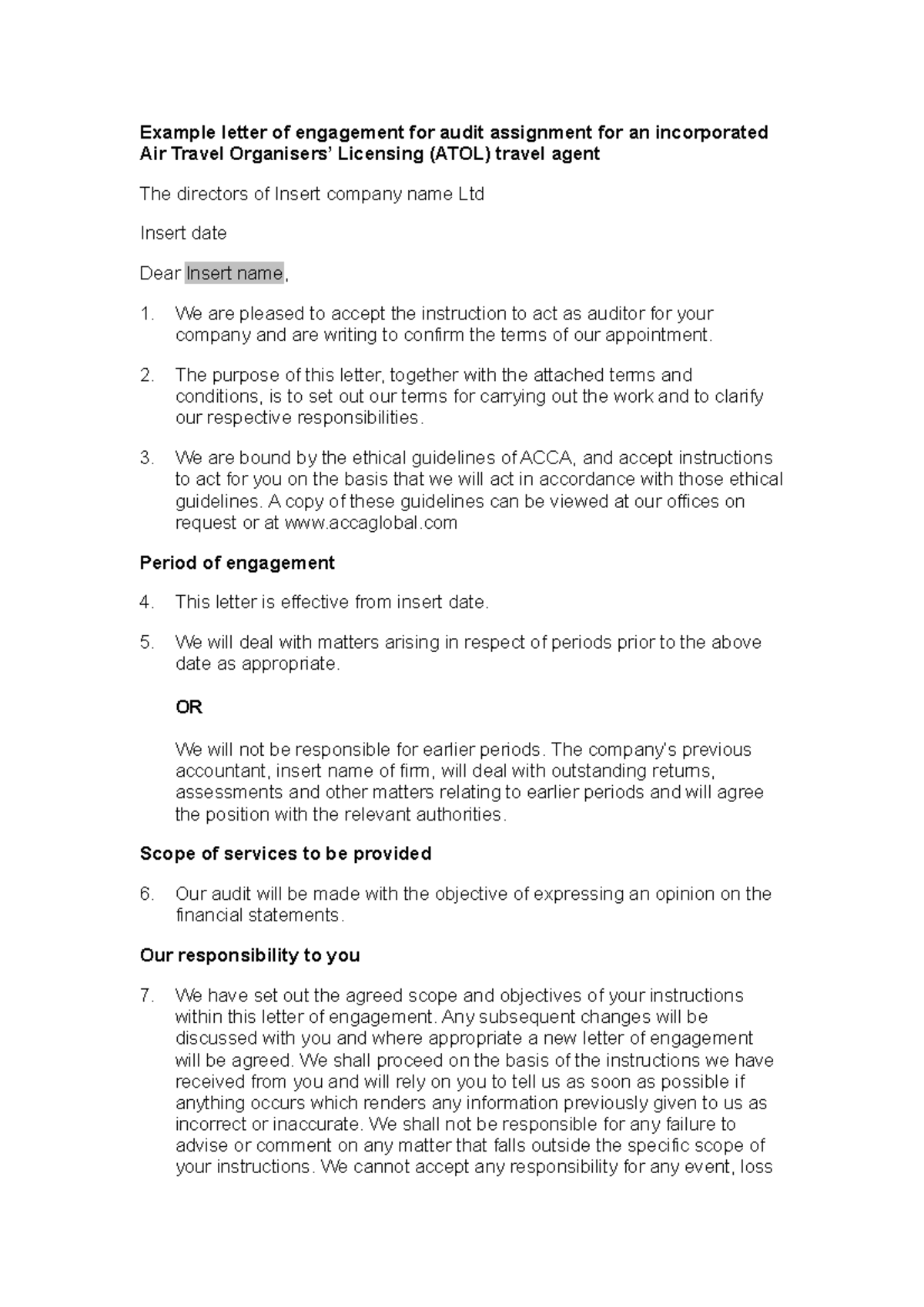 Atol incorporated - Engagement letter - Example letter of engagement ...