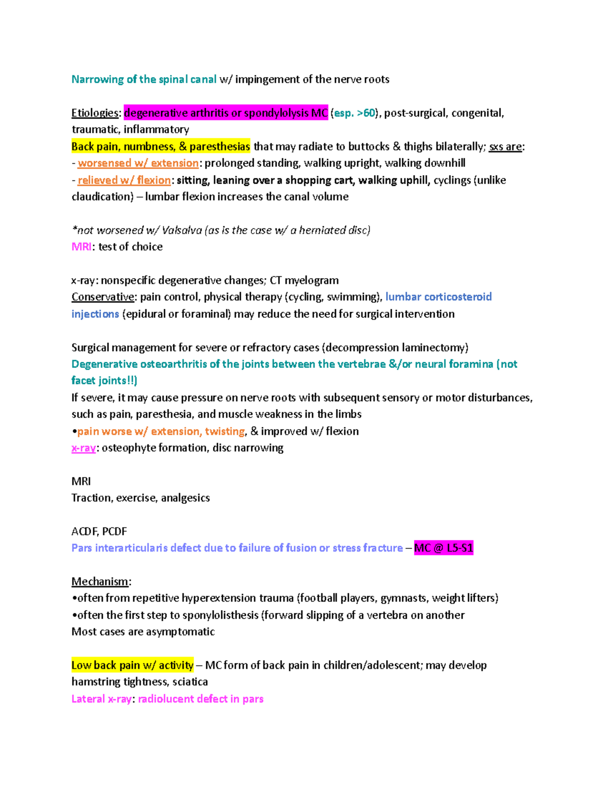 Acute bone disorders 6 - lecture notes - Narrowing of the spinal canal ...