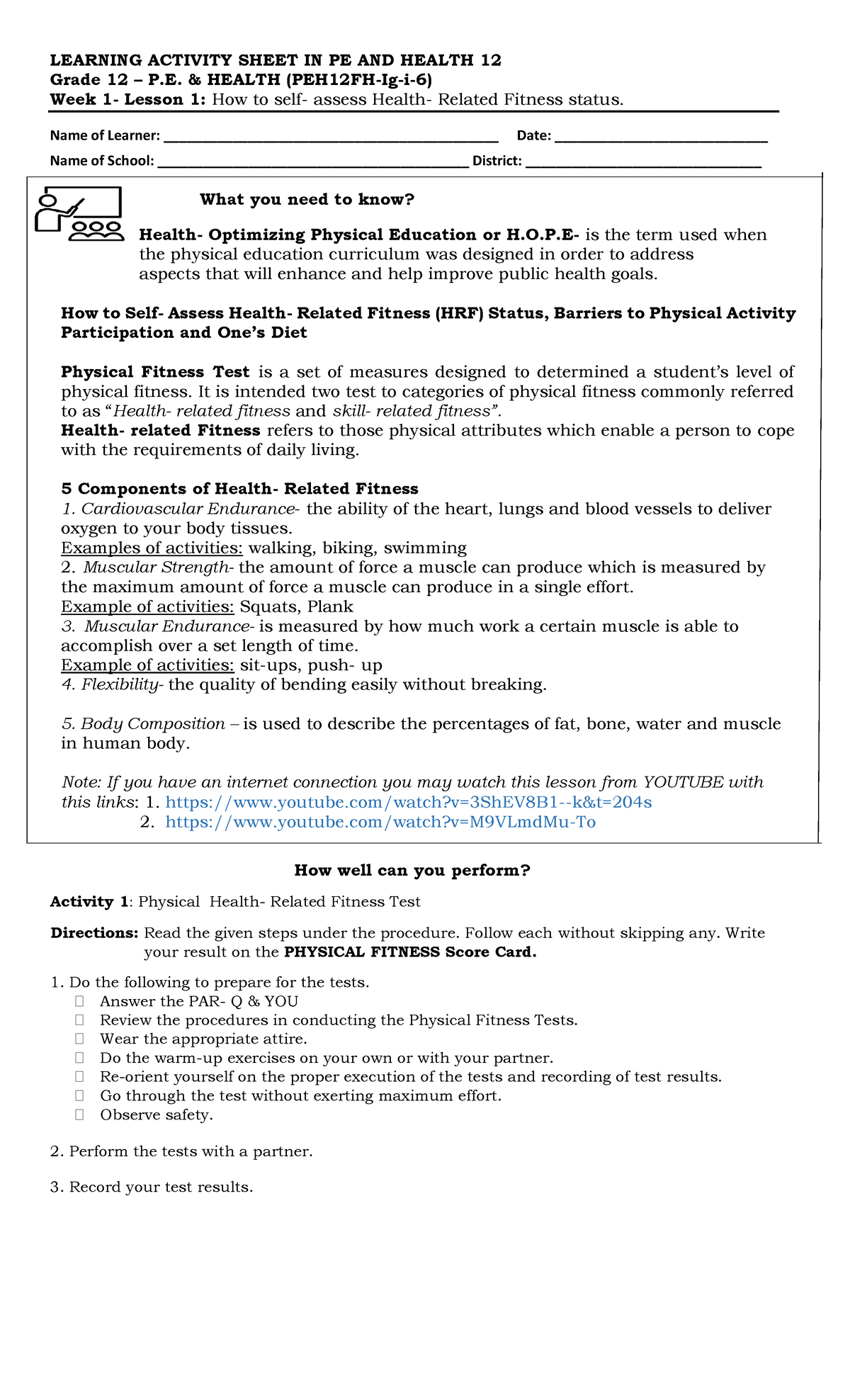 LAS Week 1 2 HOPE 12 - asd - LEARNING ACTIVITY SHEET IN PE AND HEALTH 1 ...