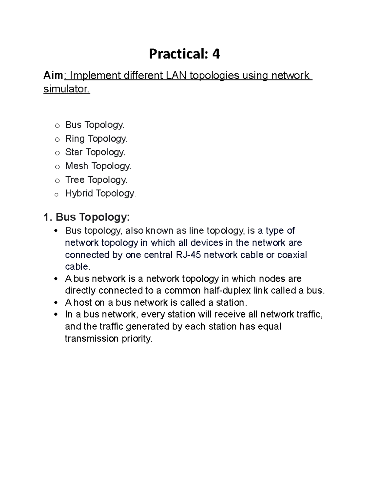 Practical 4120 Practical 4 Aim Implement Different Lan Topologies Using Network Simulator