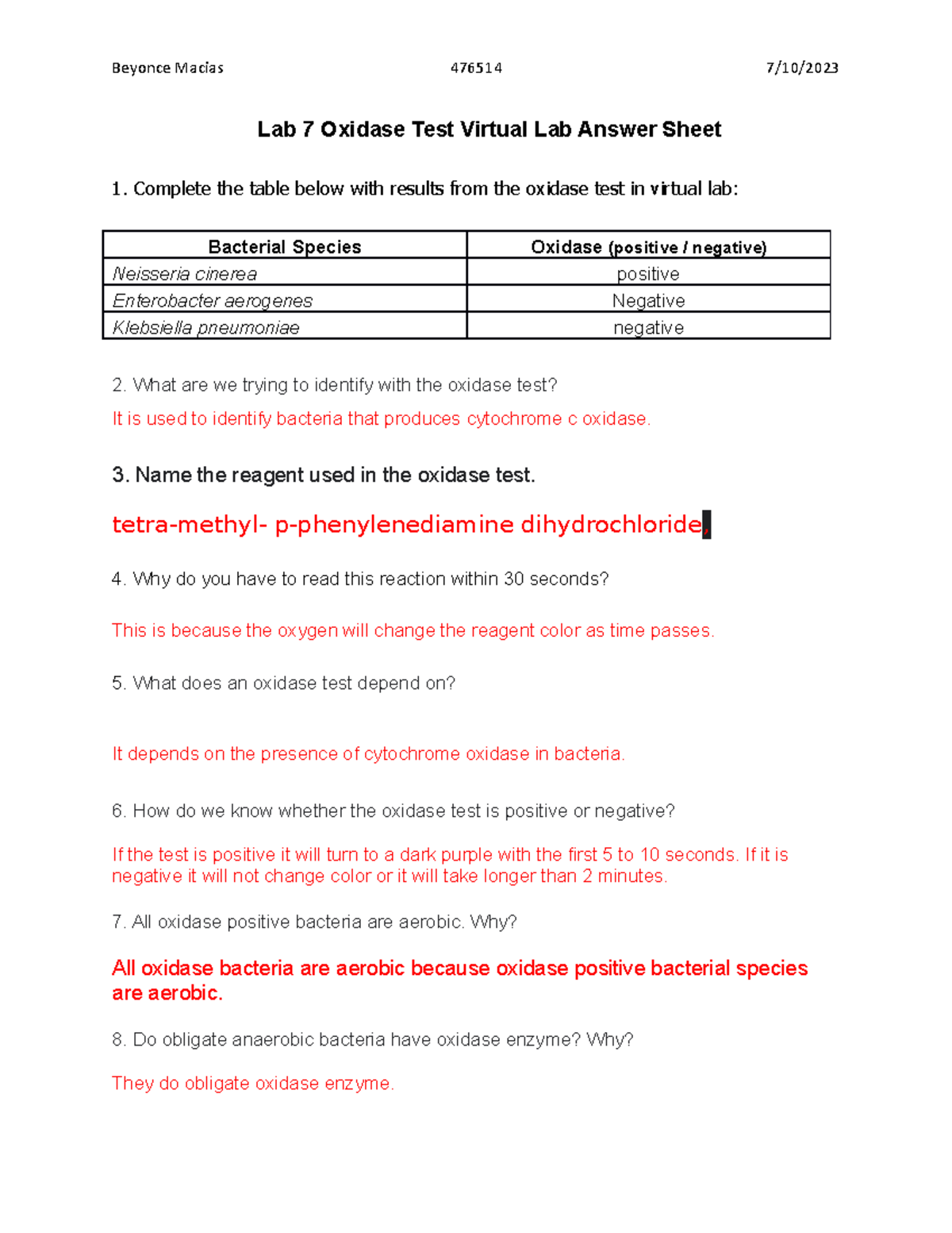 Lab 7 Oxidase Test Virtual Lab Answer Sheet - Complete the table below ...