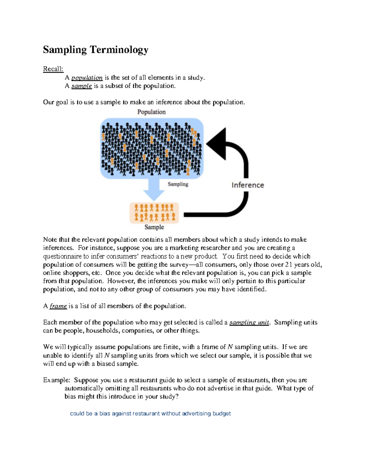 1105 Section 7.2 - Student - Sampling Terminology Recall: A population ...
