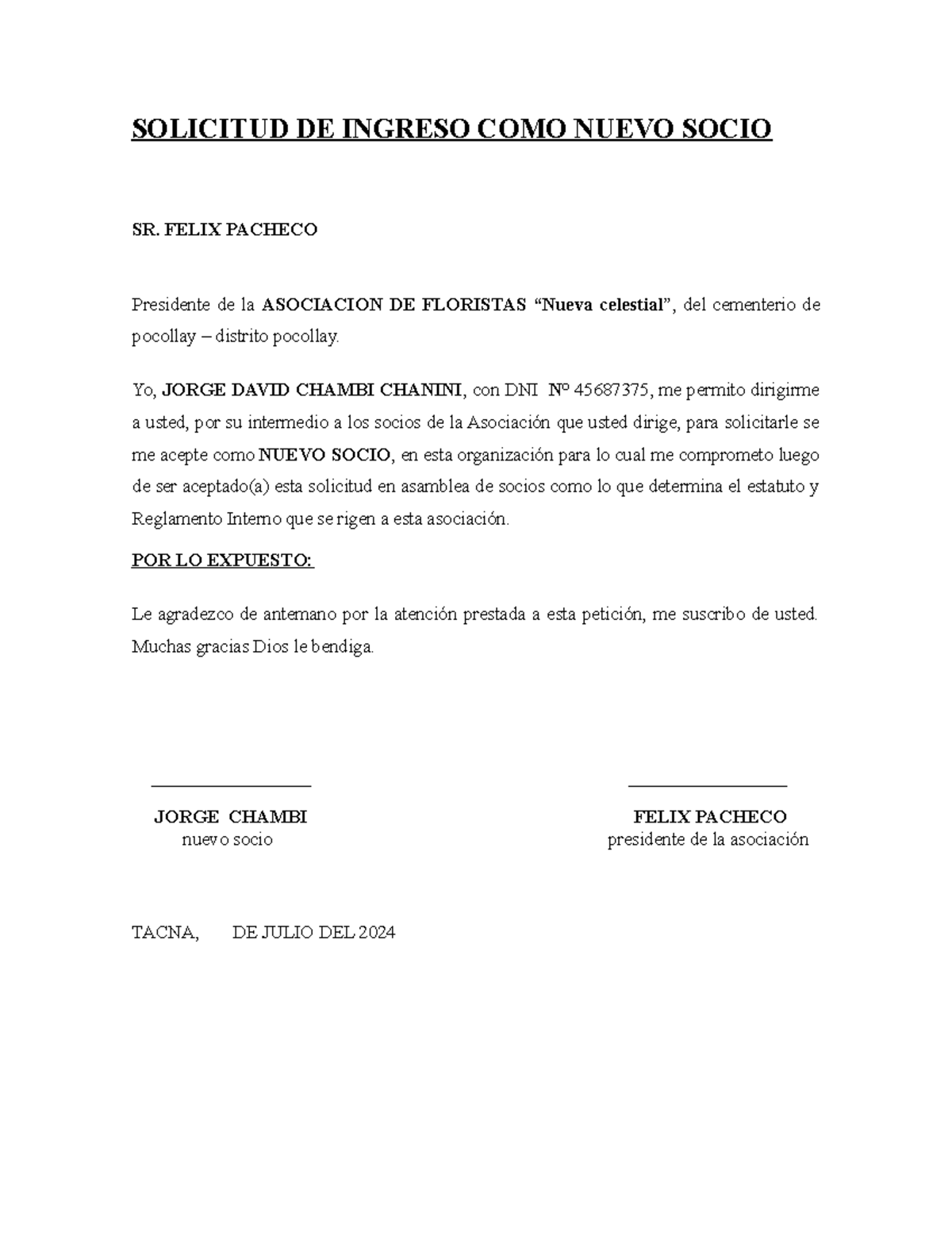 Solcitud - Usj - SOLICITUD DE INGRESO COMO NUEVO SOCIO SR. FELIX ...