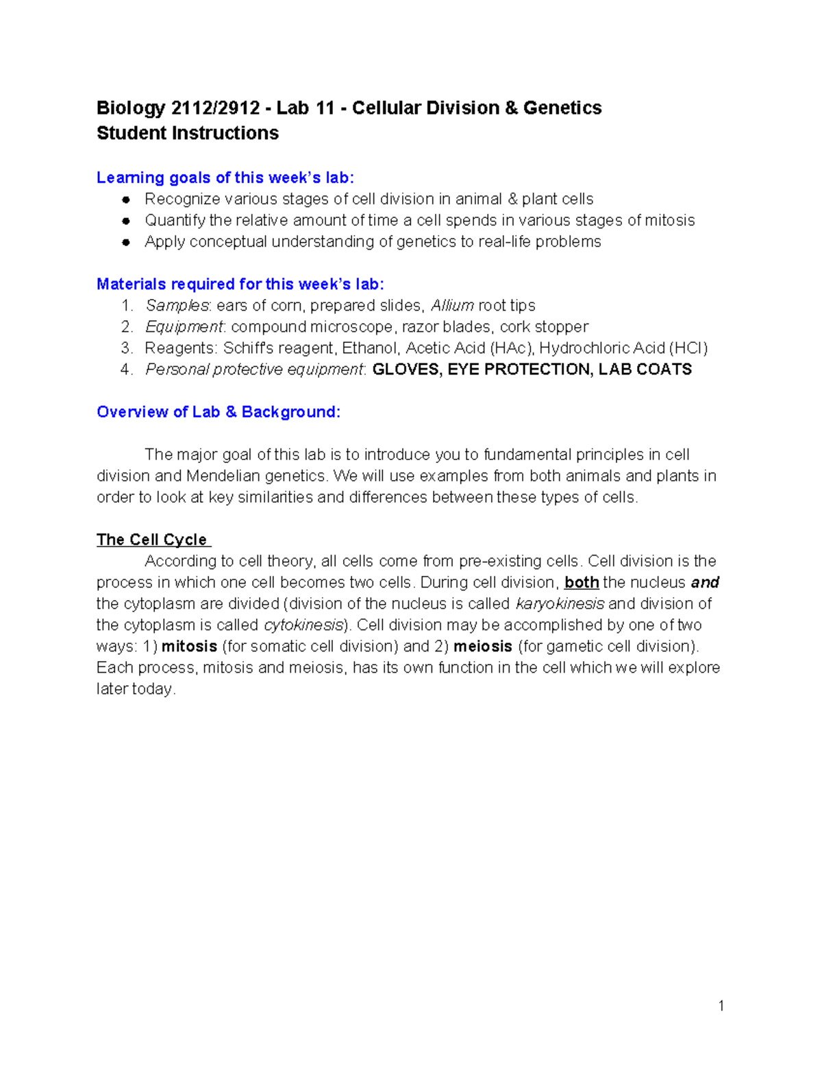 Lab 11 - Cell Division & Genetics - Student Instructions ed - Biology ...