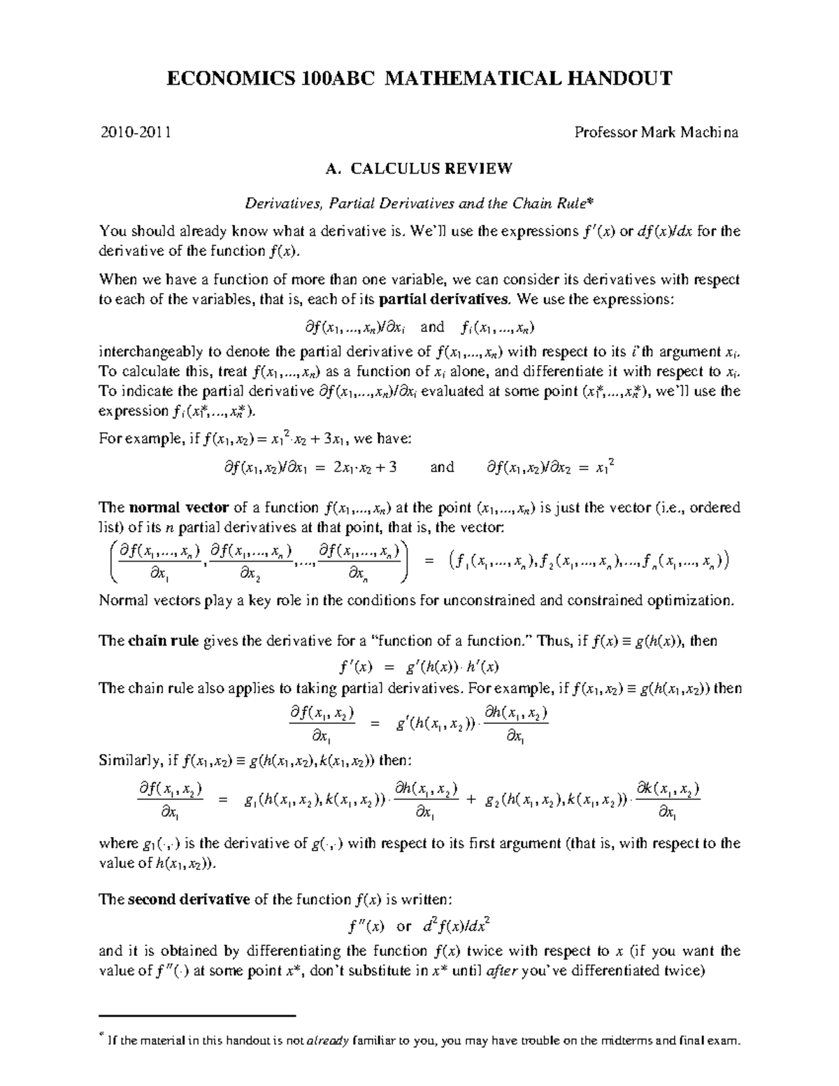 ECON 100A BC Math Handout - ECONOMICS 100ABC MATHEMATICAL HANDOUT 2010 ...