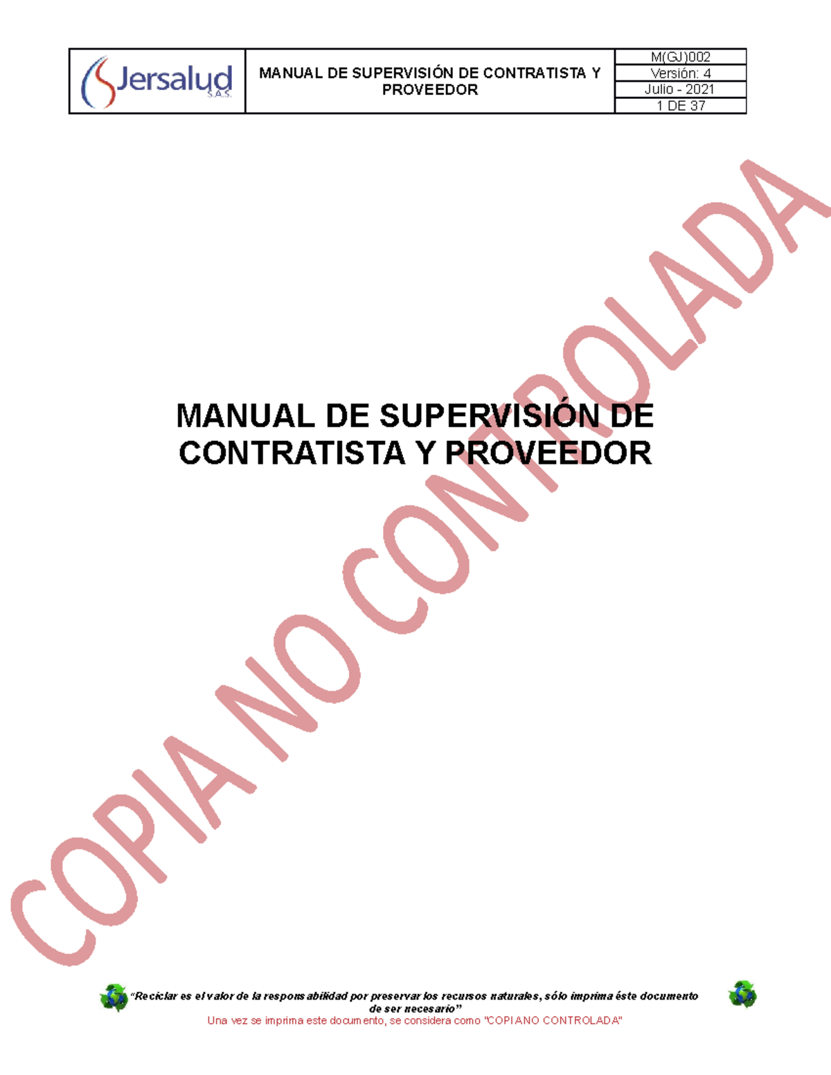 M(GJ)002 Manual DE Supervisión DE Contratista Y Proveedor - MANUAL DE ...