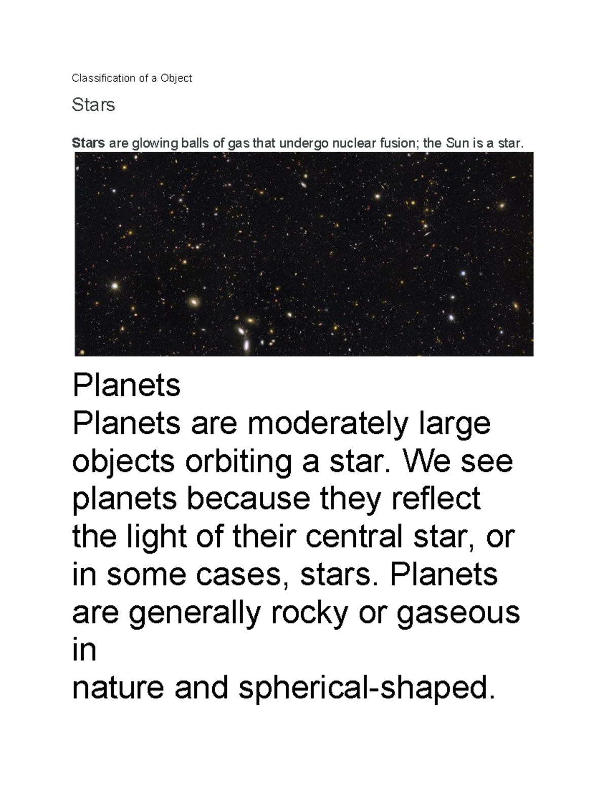 Classification of a Object - Classification of a Object Stars Stars are ...