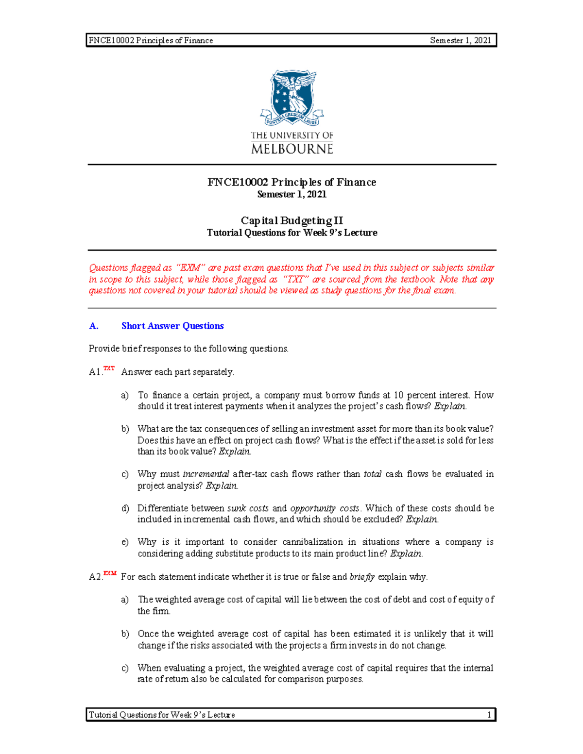 Tutorial 09 - Cap Bud 2 - Lecture notes 9 - FNCE10002 Principles of ...