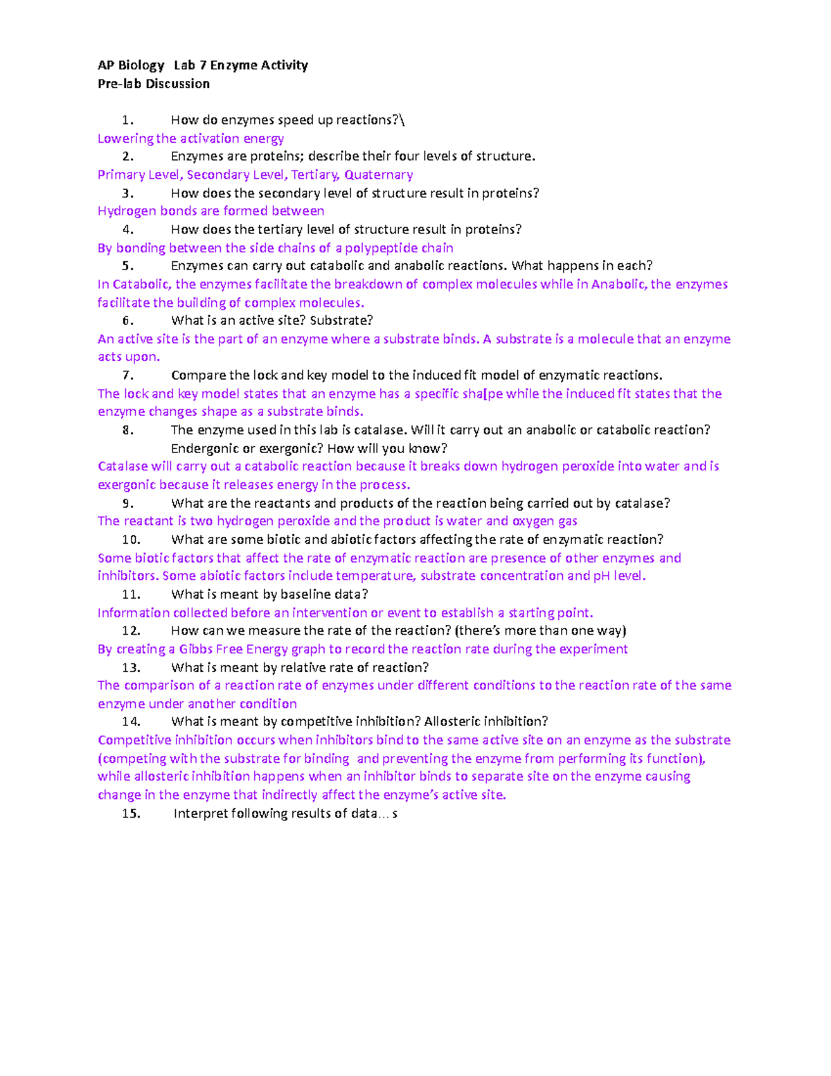 Bio AP enzymes Pre Lab discusion - AP Biology Lab 7 Enzyme Activity Pre ...