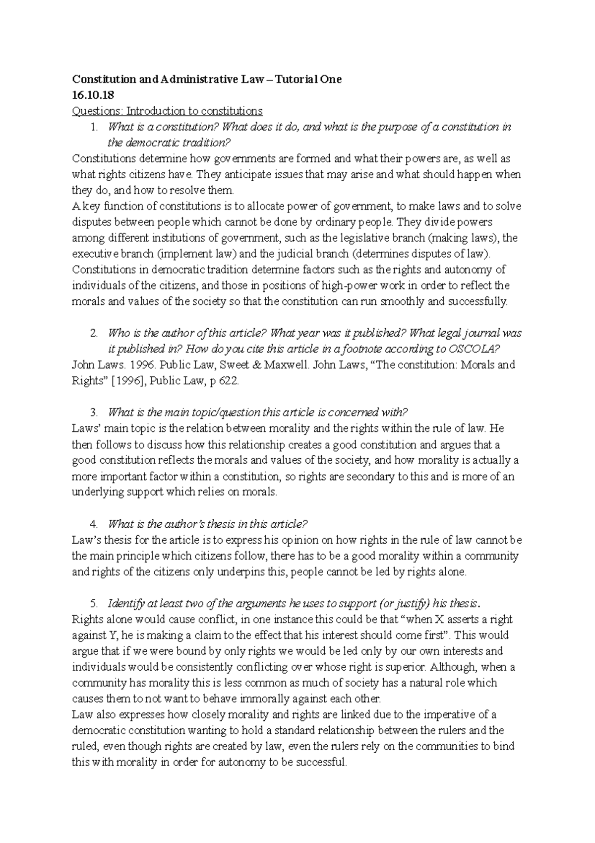 Introduction to Constitutions - Questions - Constitution and Administrative Law – Tutorial One ...