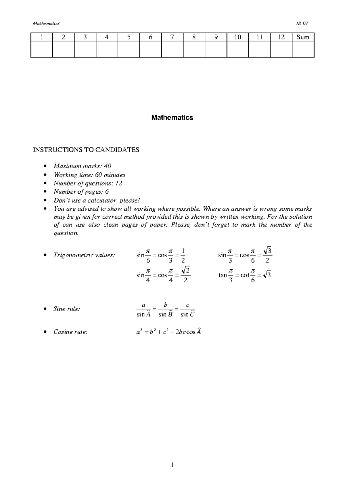 IB Maths 2 - Entrance Practice - 1 2 3 4 5 6 7 8 9 10 11 12 Sum ...