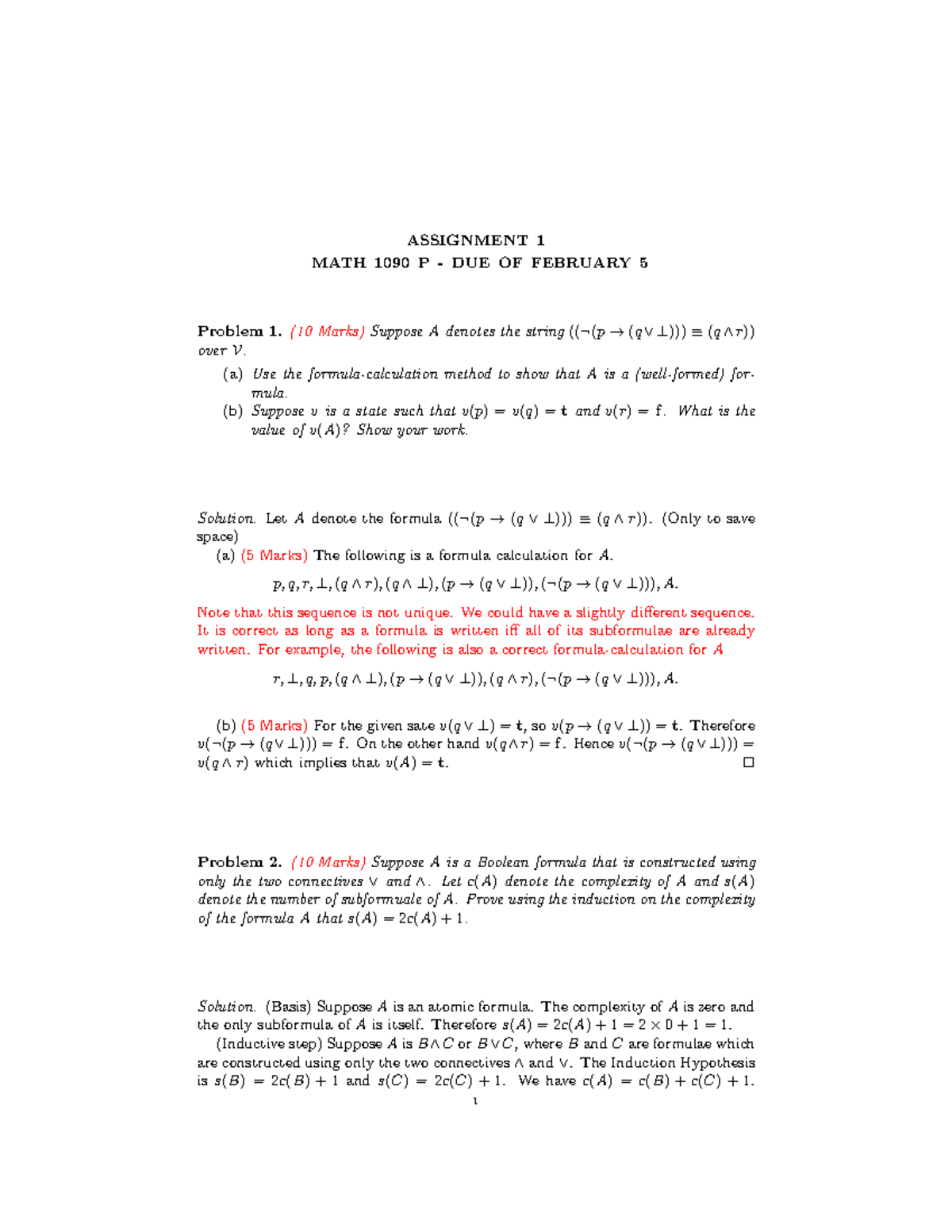 Assignment 1 1090 Solutions - ASSIGNMENT 1 MATH 1090 P - DUE OF FEBRUARY 5 Problem 1. (10 Marks ...