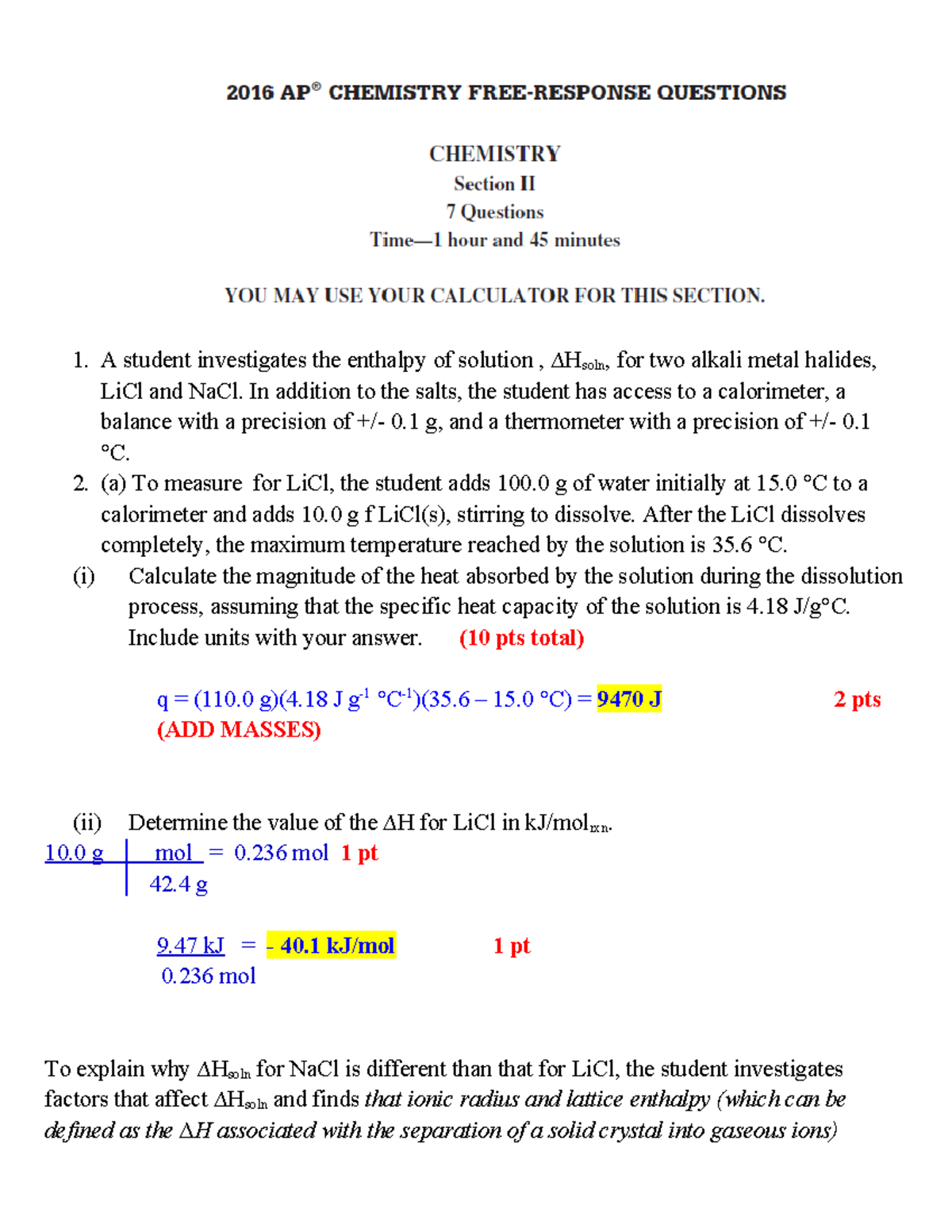 Key 2016 AP - practice exam - A student investigates the enthalpy of ...
