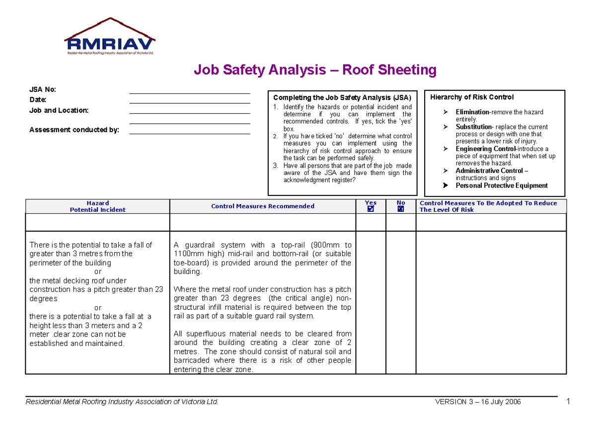 JSA for Roof Sheeting - Non applicable - Job Safety Analysis – Roof ...