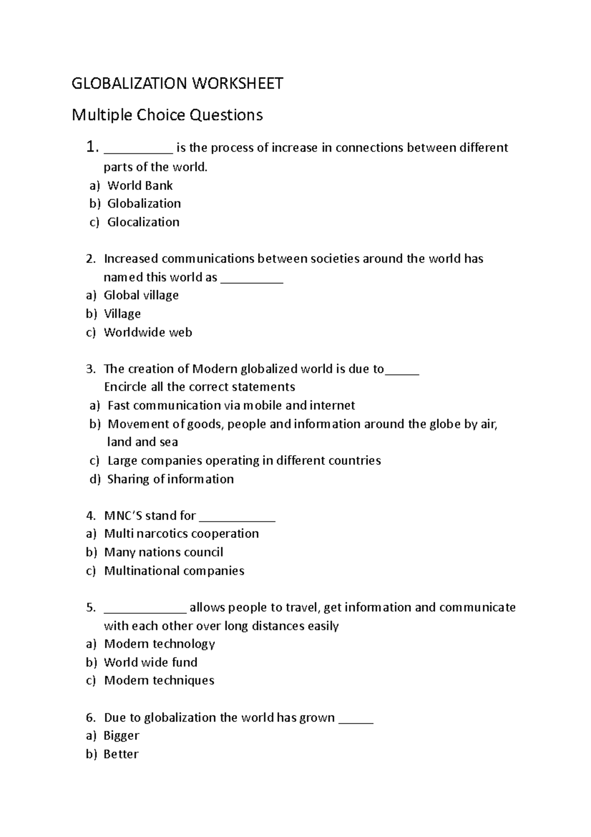 Globalization Worksheet Multiple Choice - GLOBALIZATION WORKSHEET ...