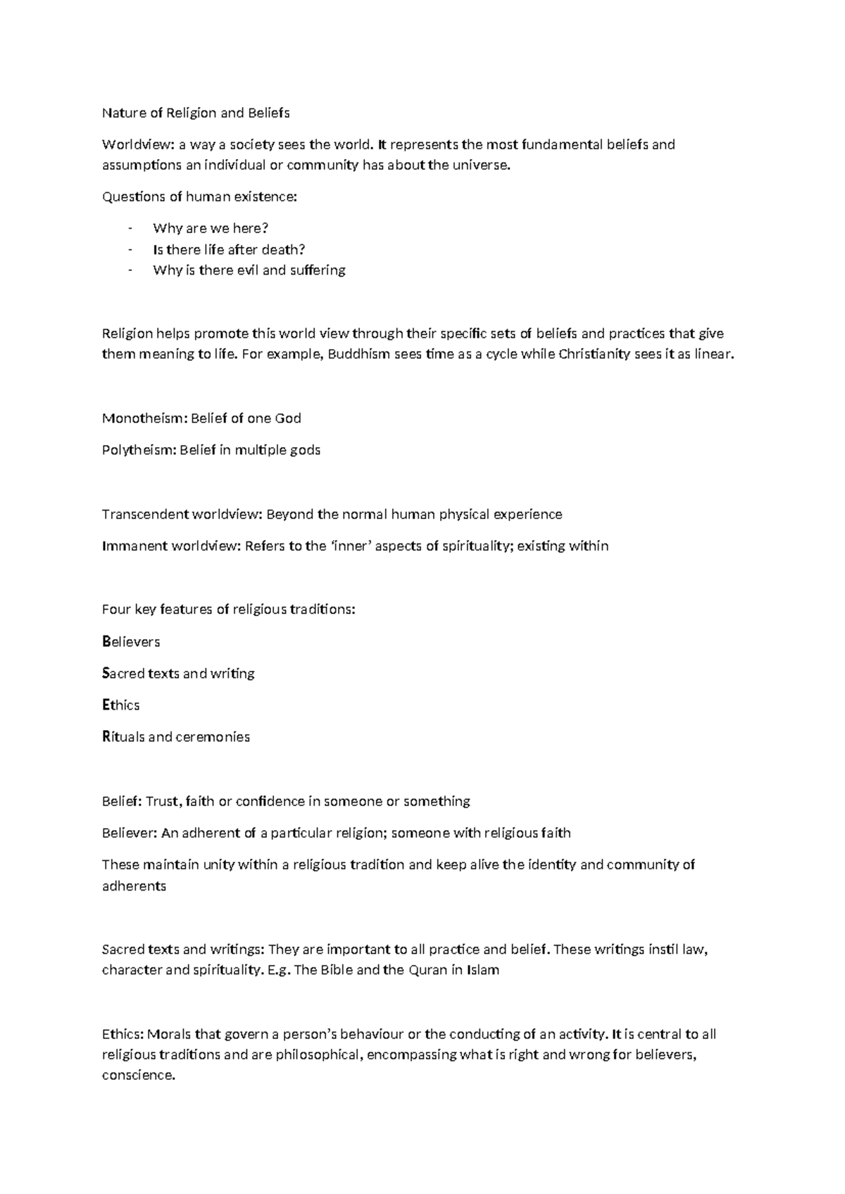 Nature of Religion and Beliefs Notes - Nature of Religion and Beliefs ...