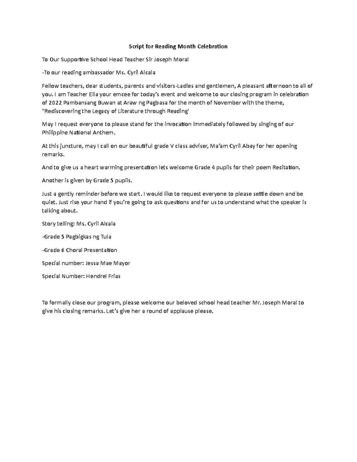 Script for Reading Month Celebration - Cyril Alcala Fellow teachers ...