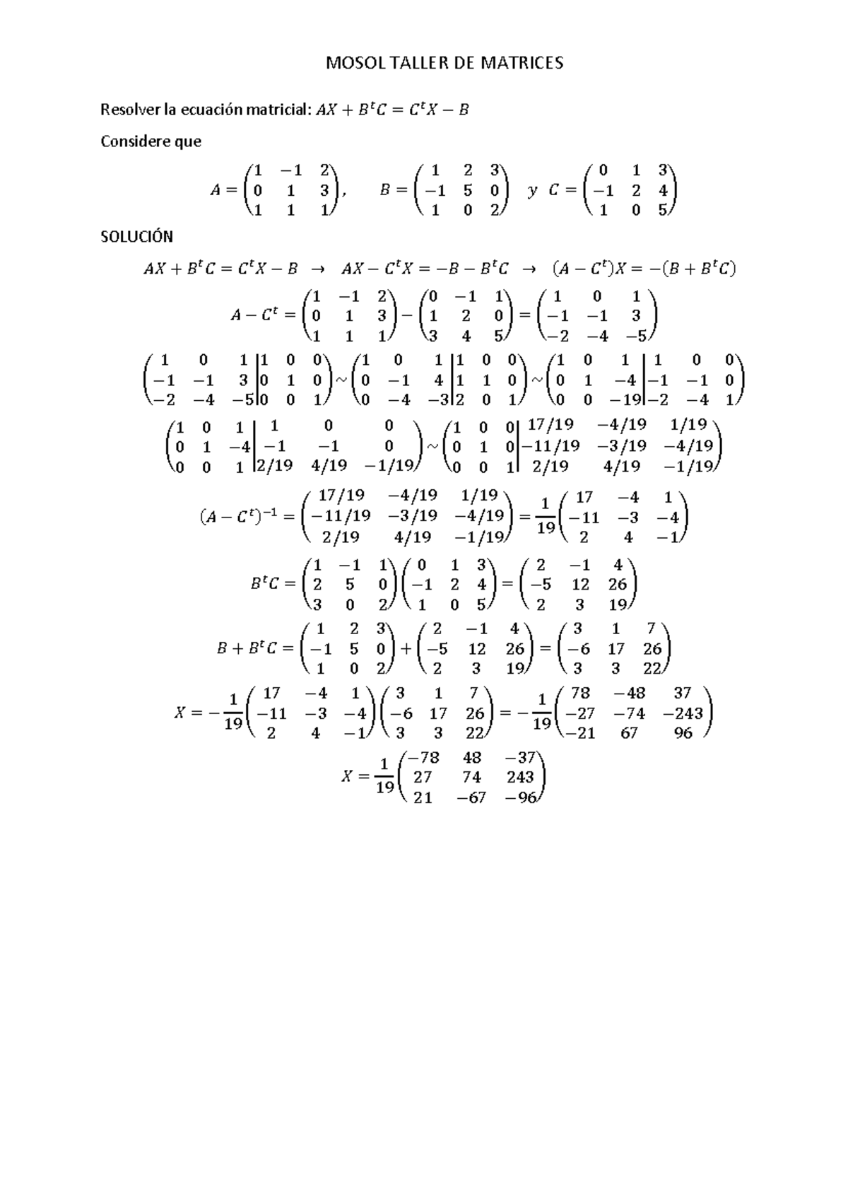 Mosol Taller DE Matrices - MOSOL TALLER DE MATRICES Resolver la ...