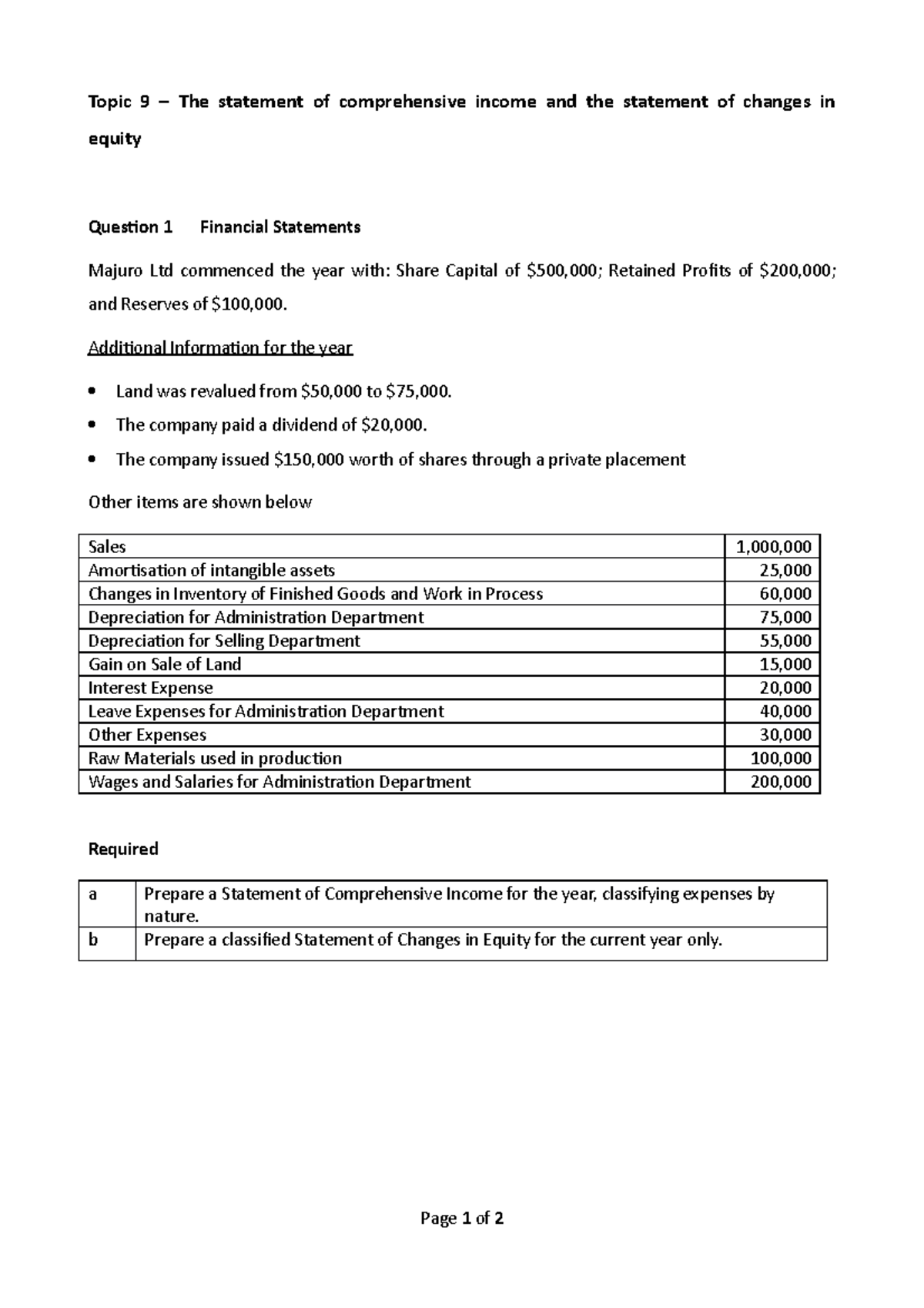 Week 9 - Comprehensive Income and Changes in Equity - Lecture Exercises ...