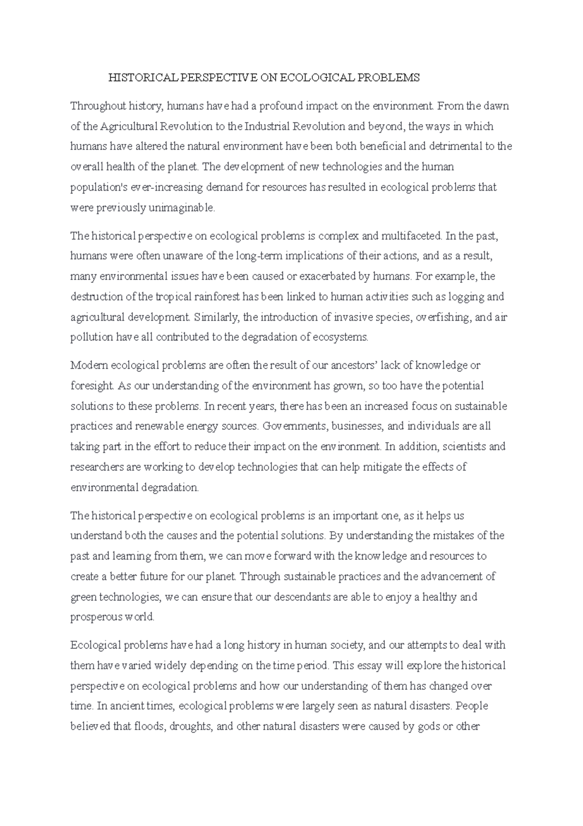 Historical Perspective ON Ecological Problems - HISTORICAL PERSPECTIVE ...