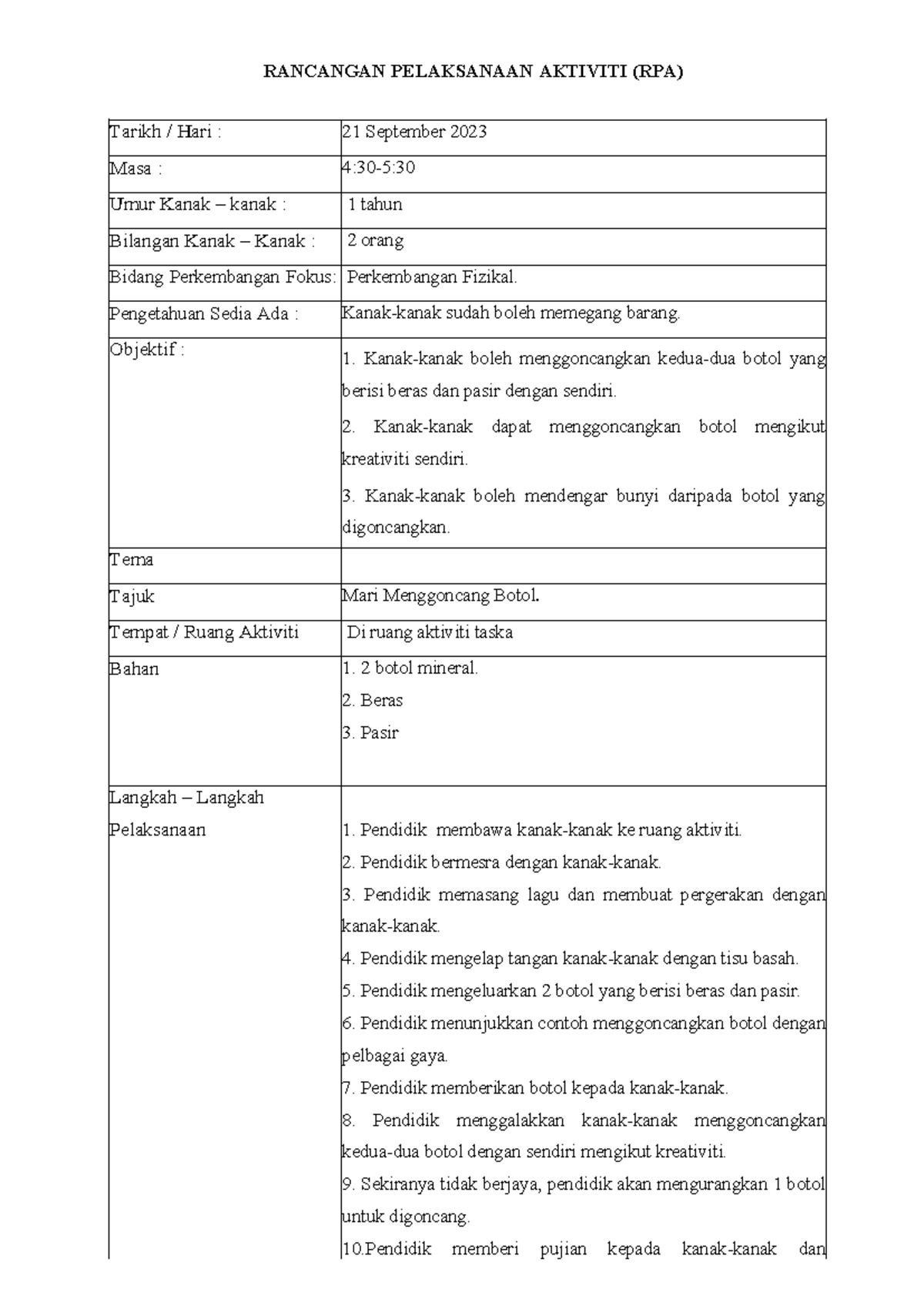RPA 13 - Tarikh / Hari : 21 September 2023 Masa : 4:30-5: Umur Kanak – kanak : 1 tahun Bilangan ...