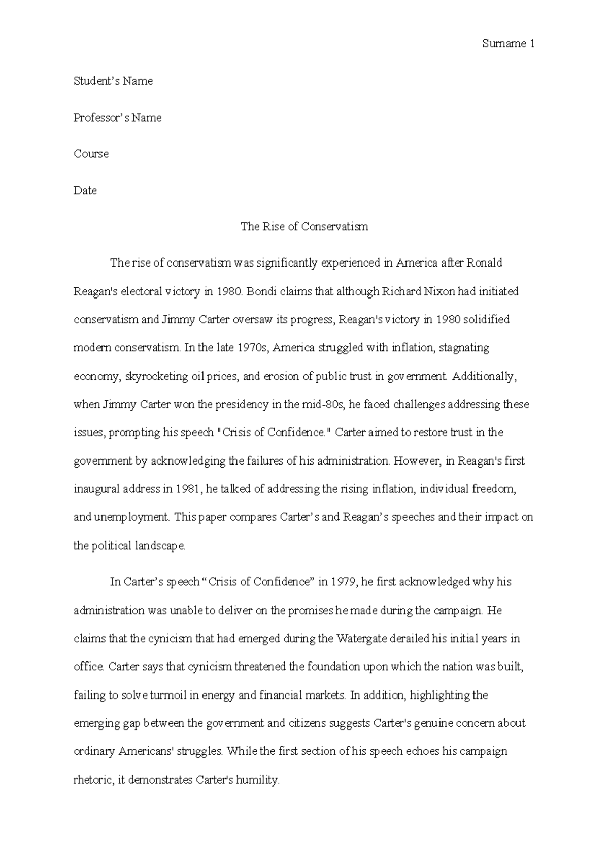 The Rise of Conservatism - Student’s Name Professor’s Name Course Date ...