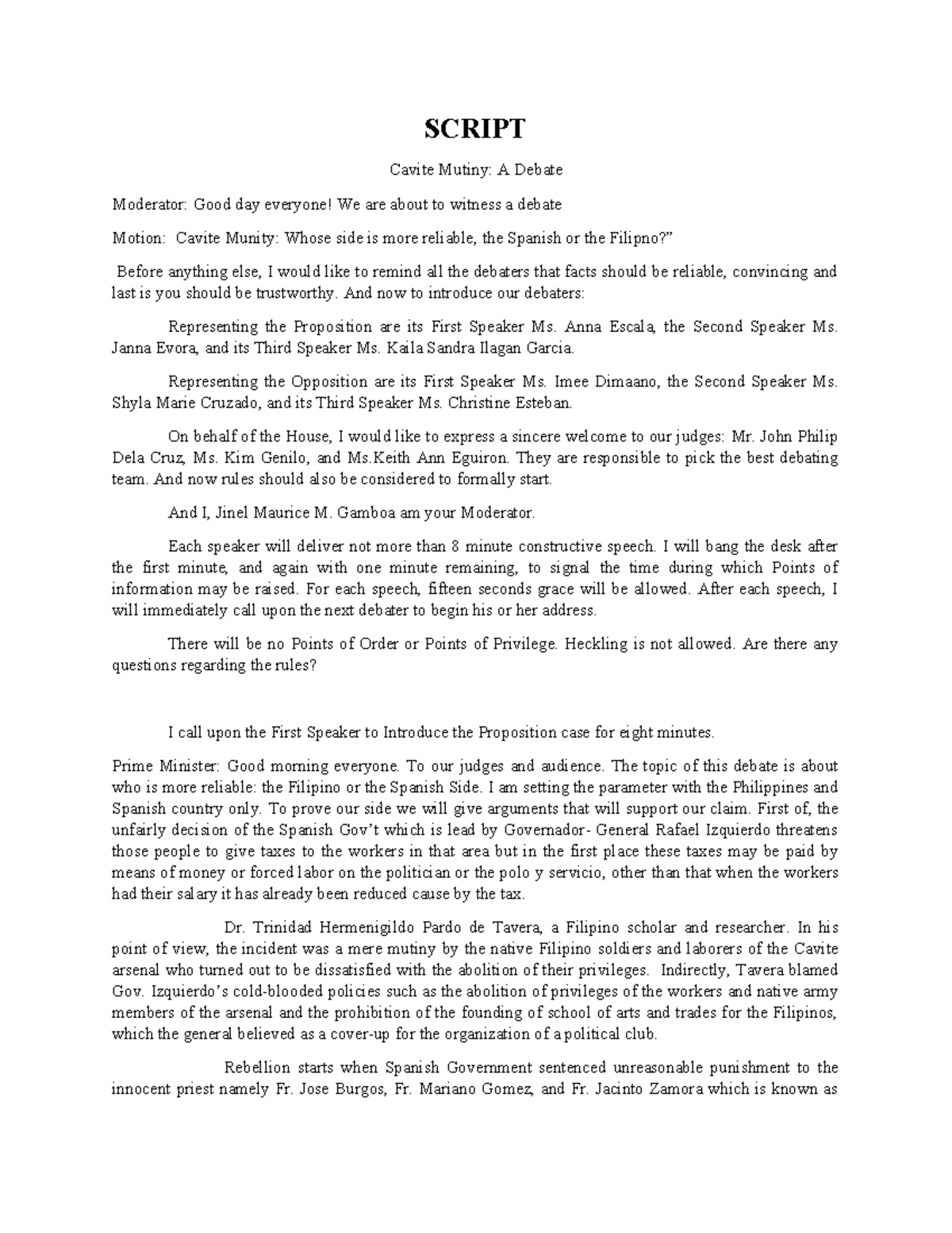 485998592 Script Debate Docx - Script Cavite Mutiny: A Debate Moderator 