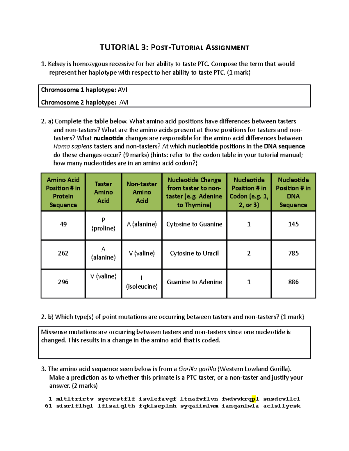 Post-tutorial 3 Assignment - TUTORIAL 3: POST-TUTORIAL ASSIGNMENT Kelsey is homozygous recessive ...