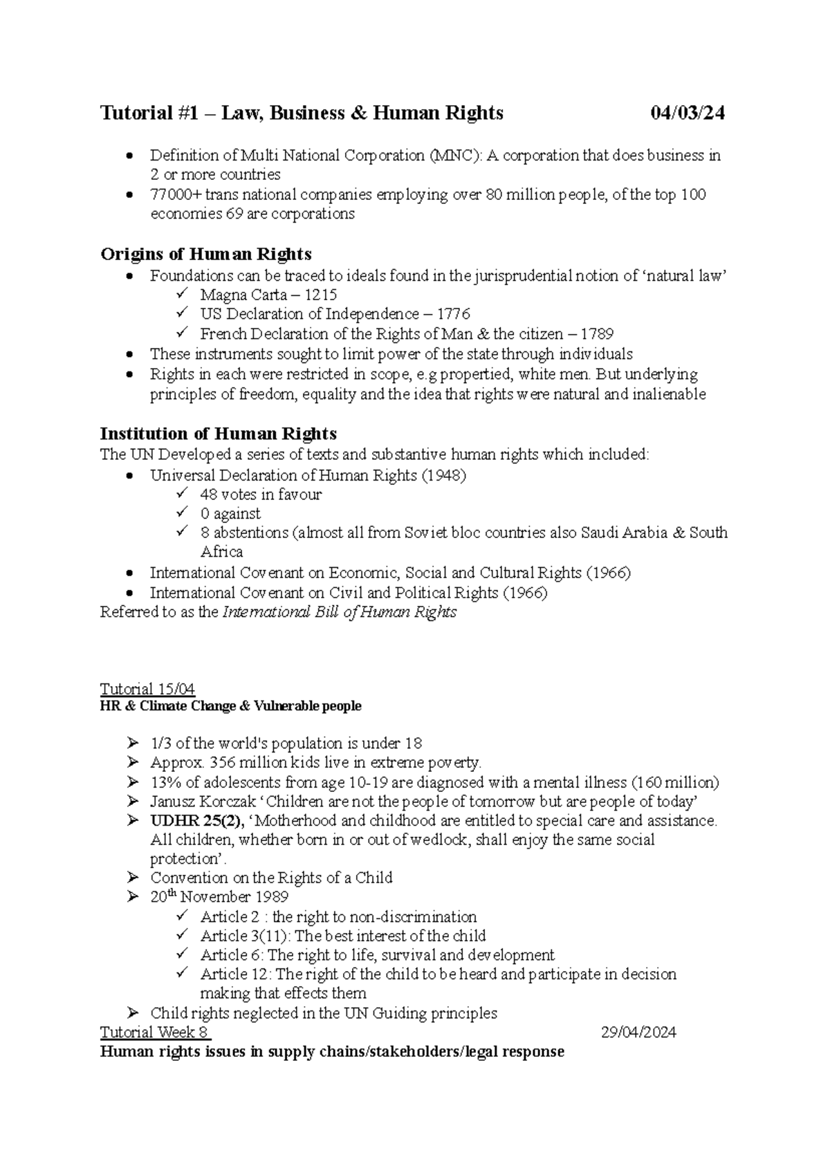 Human rights notes - Week 1 summary - Tutorial #1 – Law, Business ...