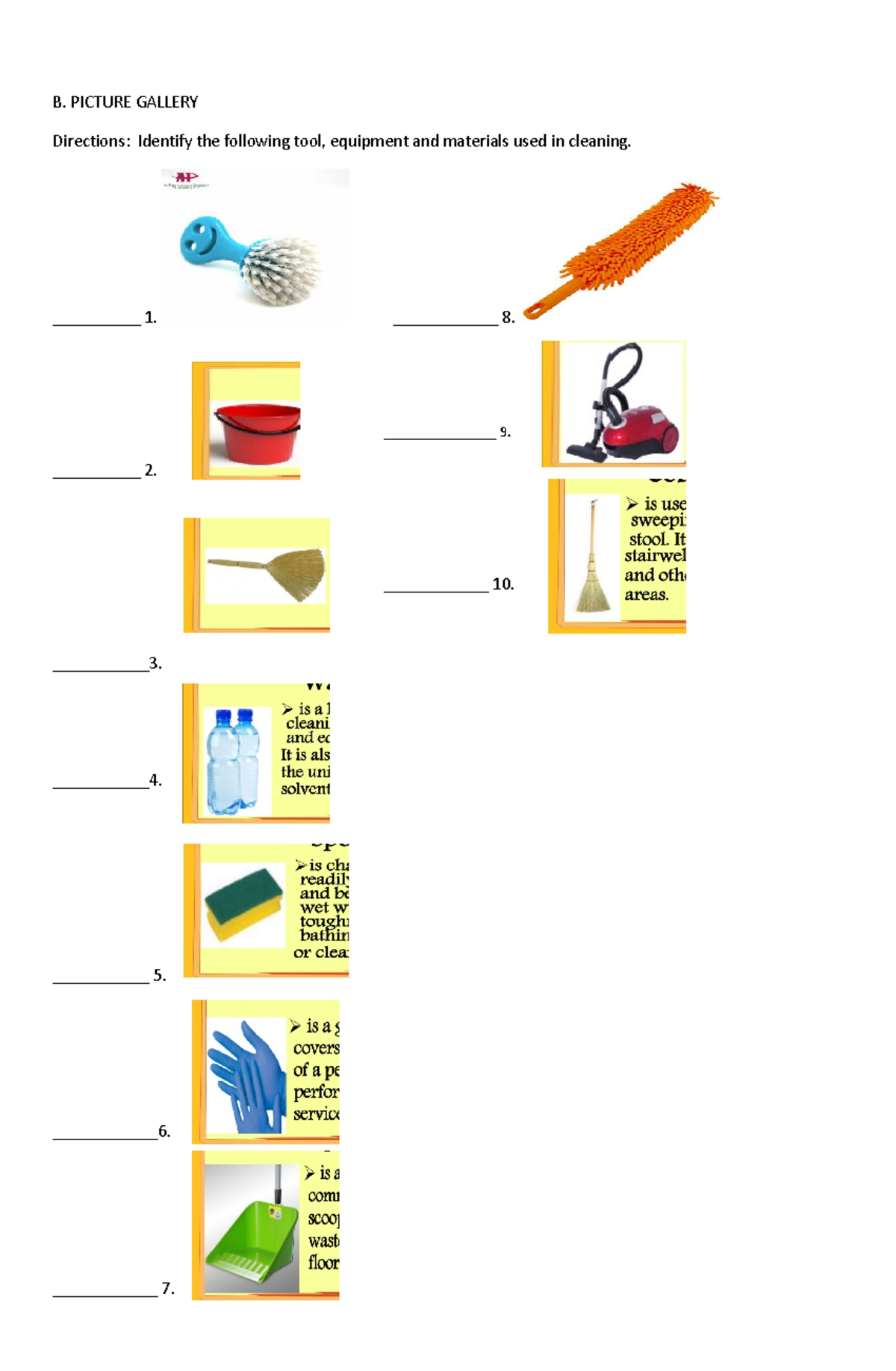 Household quiz - module - B. PICTURE GALLERY Directions: Identify the ...