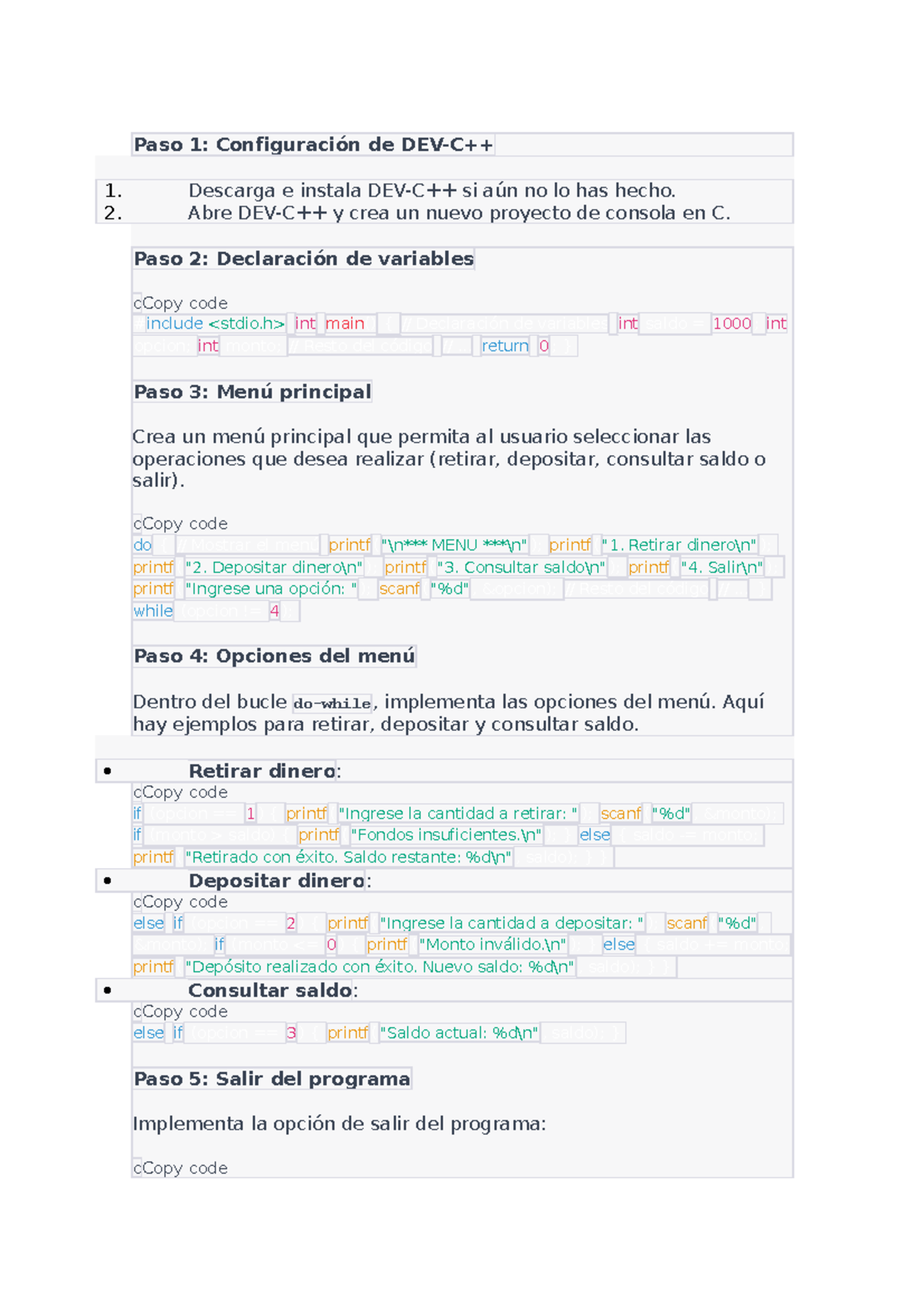 Paso 1 programaxcion en lenguaje c - Paso 1: Configuración de DEV-C++ 1. Descarga e instala DEV ...