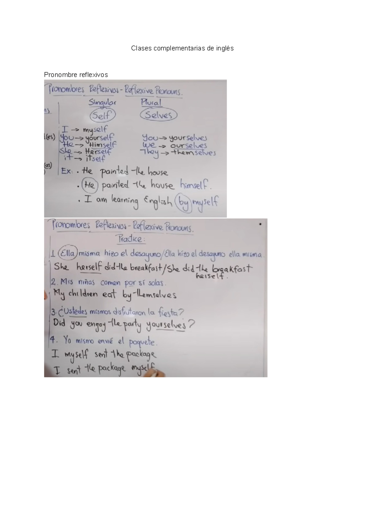 Ingles complementario - ingles - Clases complementarias de inglés Pronombre reflexivos - Studocu