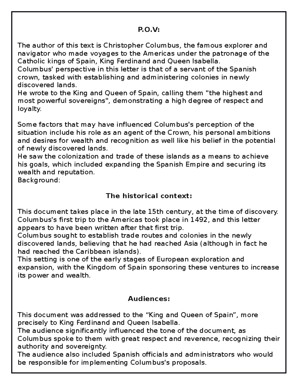 Letter From Christopher Columbus to the king - P.O: The author of this ...