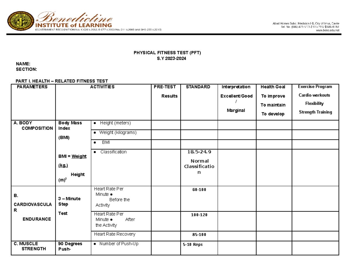 pft act matrix amen - PHYSICAL FITNESS TEST (PFT) S 2023- NAME: SECTION ...