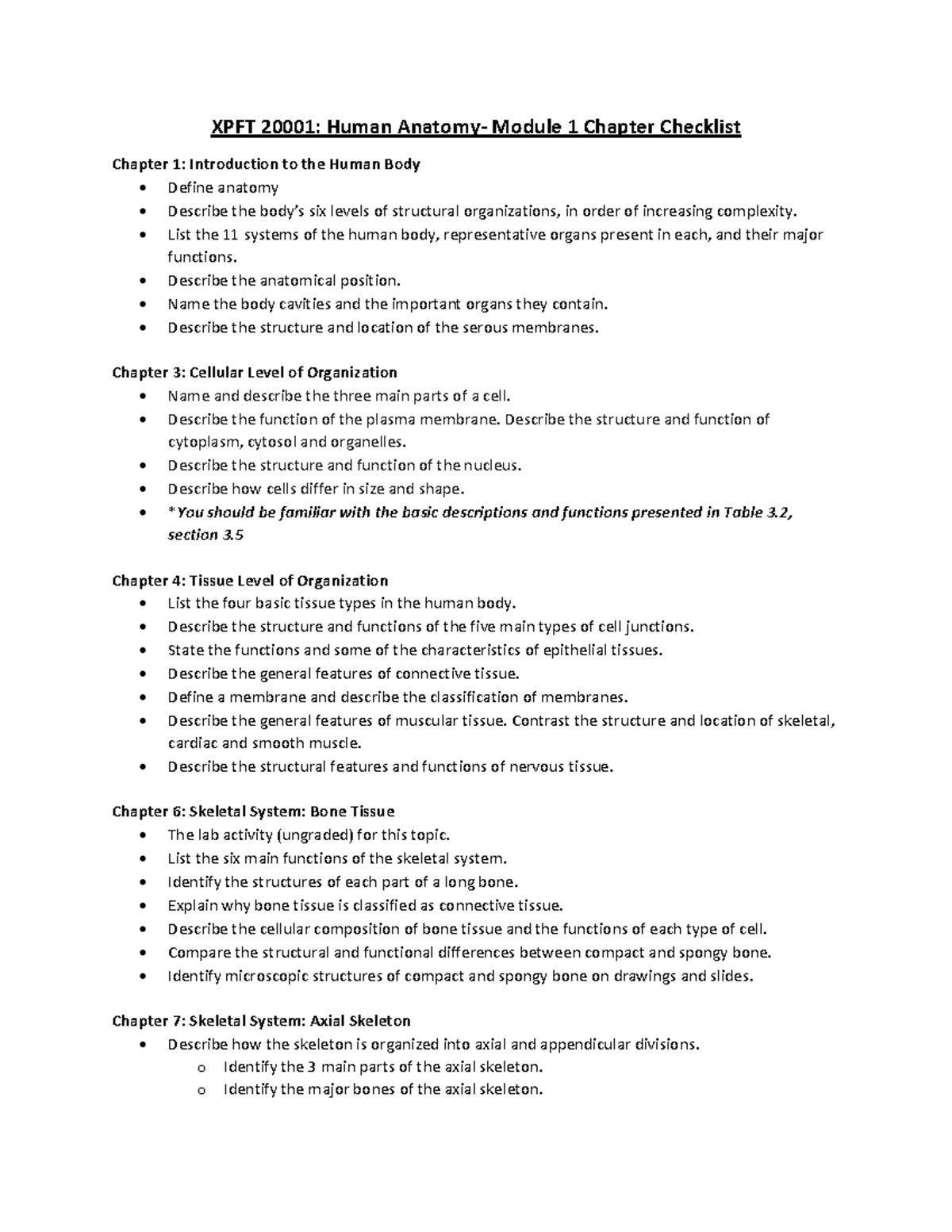 Module 1 Chapter Checklist - XPFT 20001: Human Anatomy- Module 1 ...