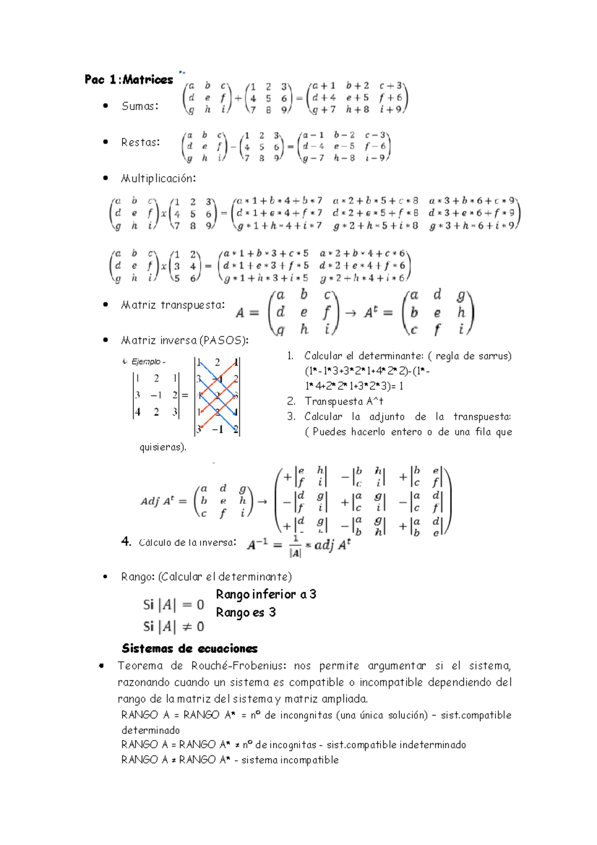Apuntes mates Resumen - Pac 1:Matrices Sumas: Restas: Multiplicación ...
