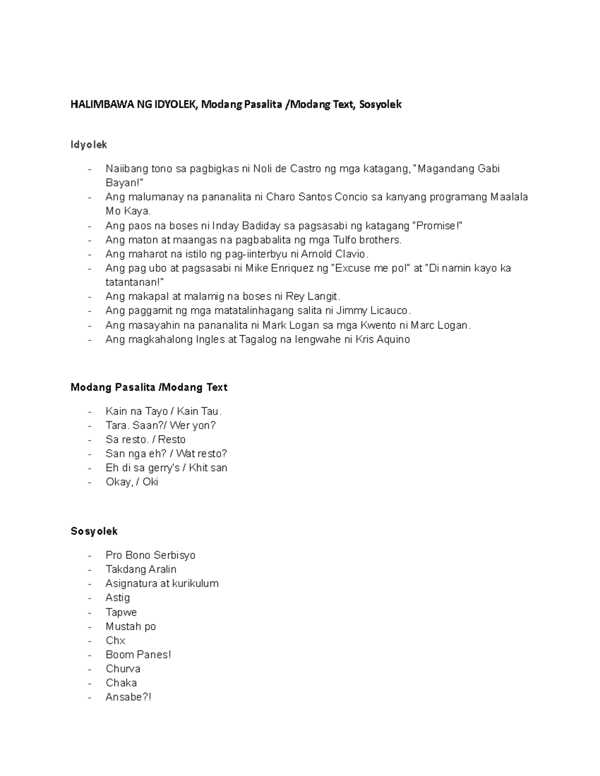 Halimbawa NG Idyolek, Modang Pasalita Modang Text, Sosyolek - HALIMBAWA ...