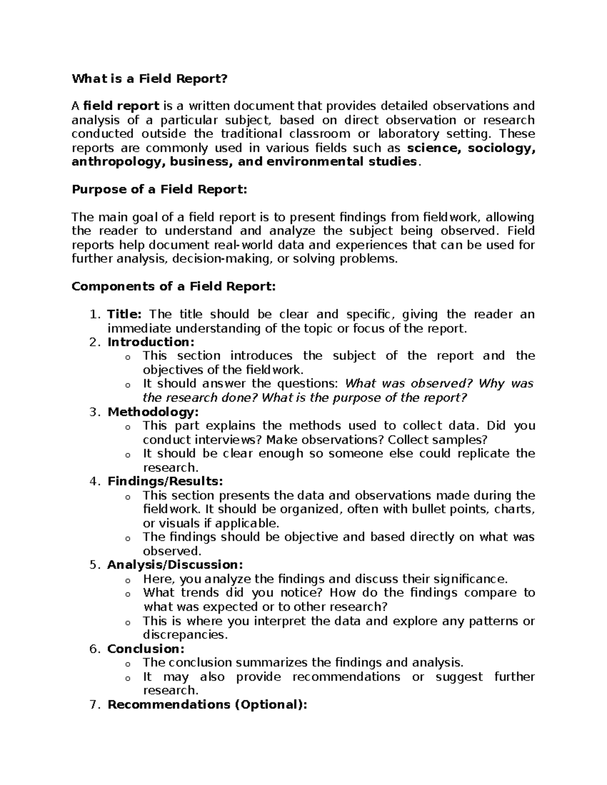 Field Report Finalll - What is a Field Report? A field report is a ...