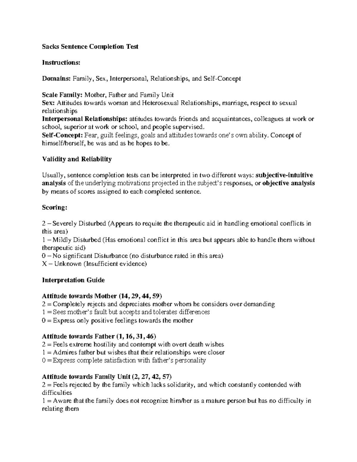 SSCP TEST MANUALS for psychological test - Sacks Sentence Completion ...