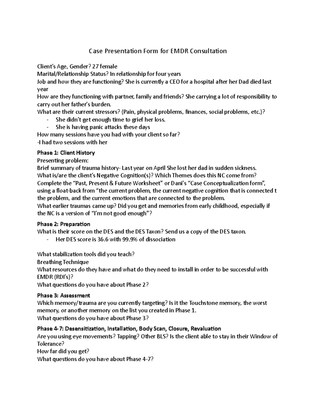 EMDR Case Presentation Form Henok - Case Presentation Form for EMDR ...