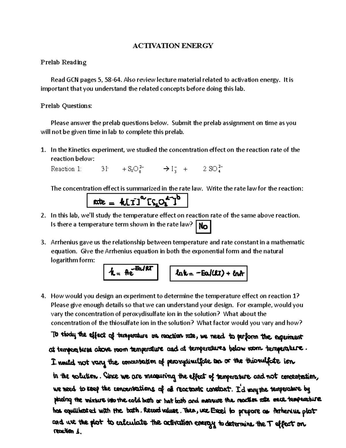 Activation Energy Prelab - ACTIVATION ENERGY Prelab Reading Read GCN ...