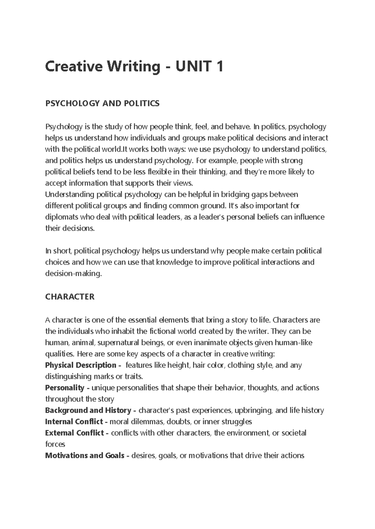 Creative Writing - UNIT 1 - In politics, psychology helps us understand ...