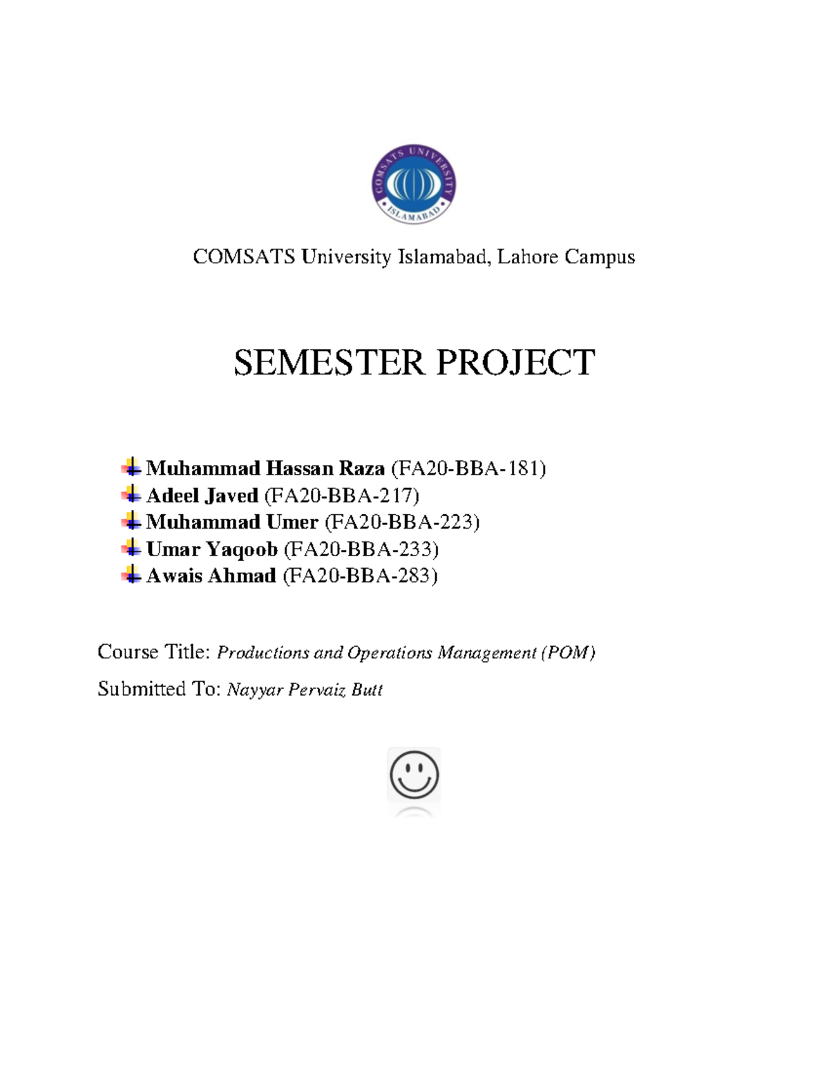 Semester Project (POM) - COMSATS University Islamabad, Lahore Campus ...